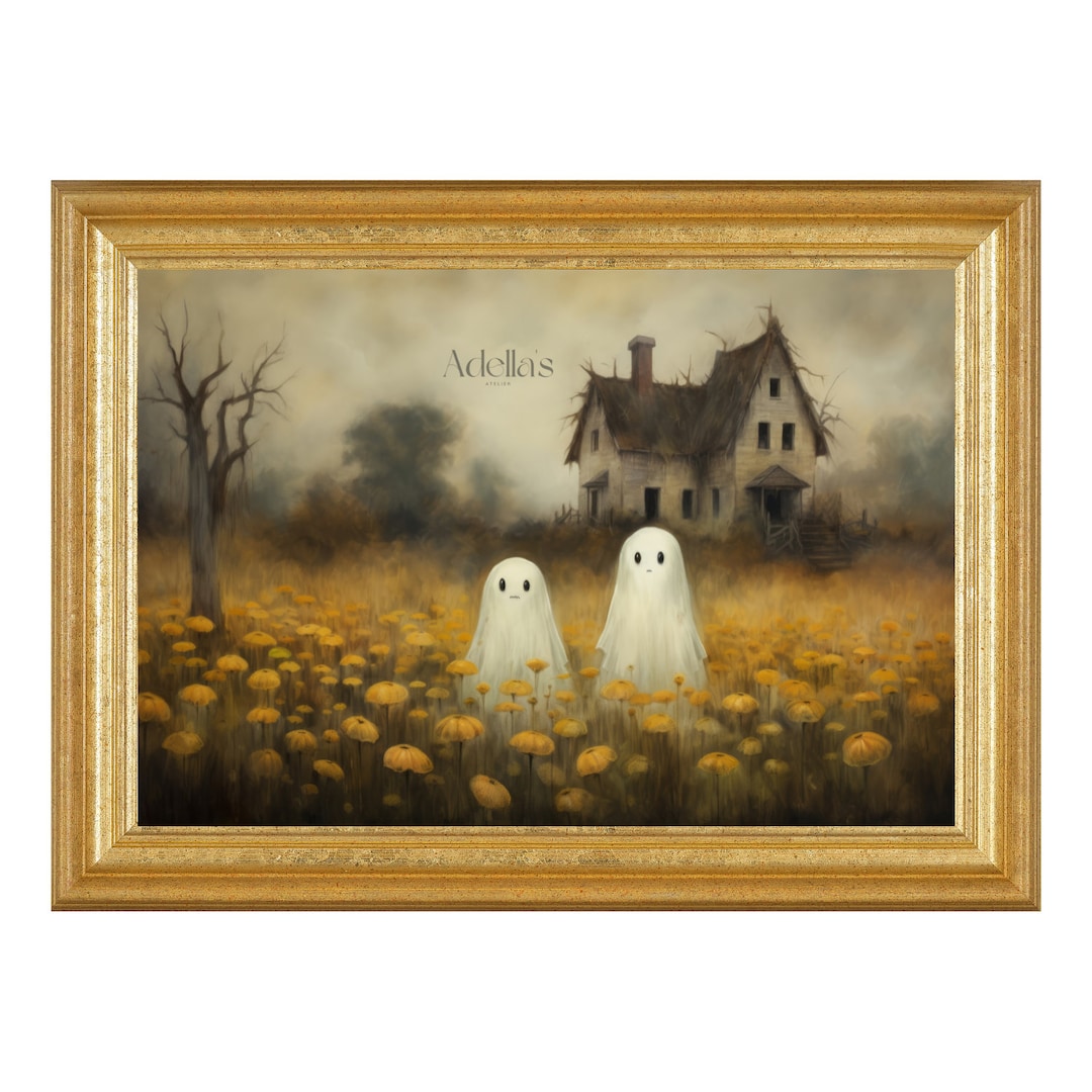 Cute Ghosts in Fall Meadow W/ Haunted House, Vintage Digital Ghost Painting, Dark Academia ...