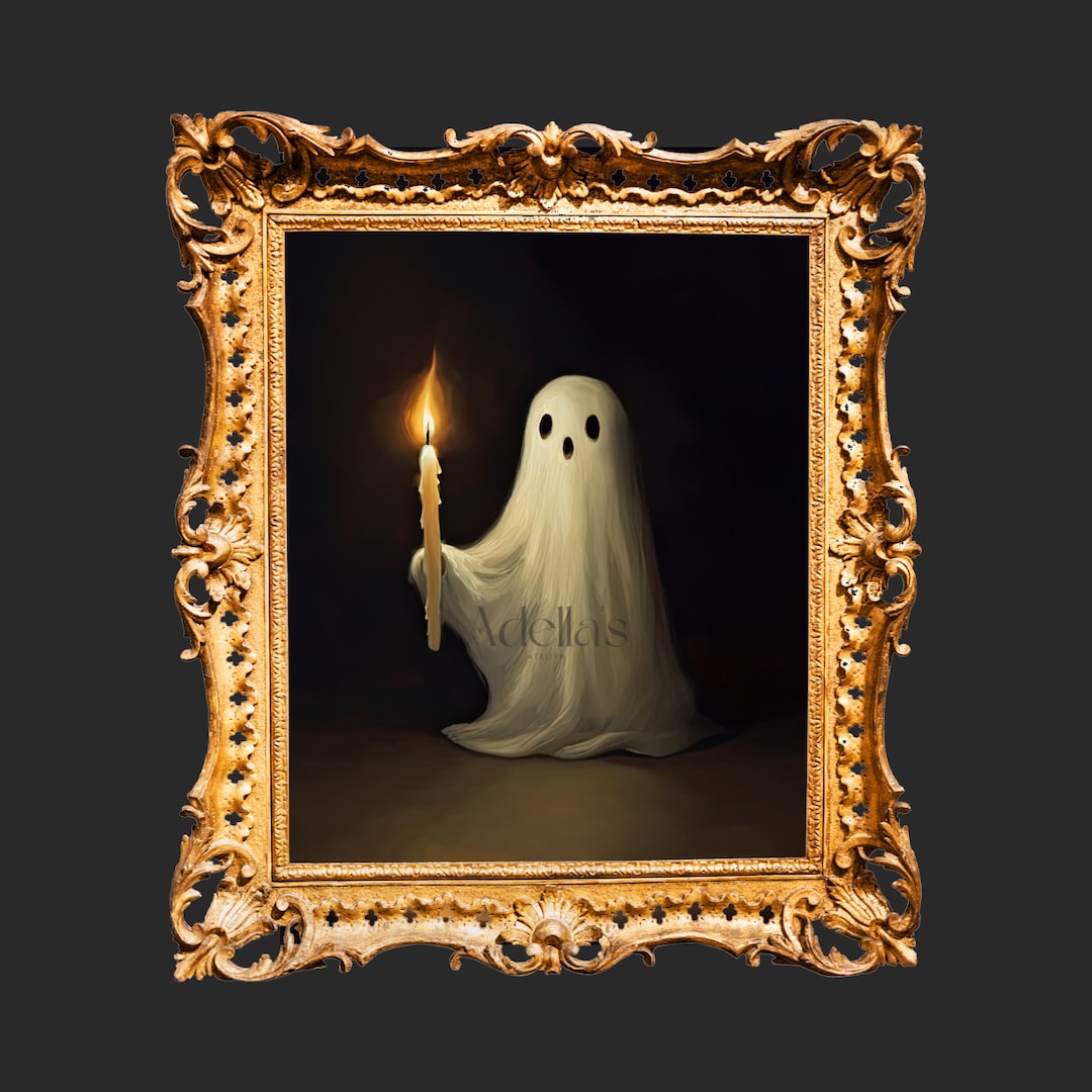 Cute Ghost Holding A Candle, Vintage Digital Ghost Painting, Dark ...