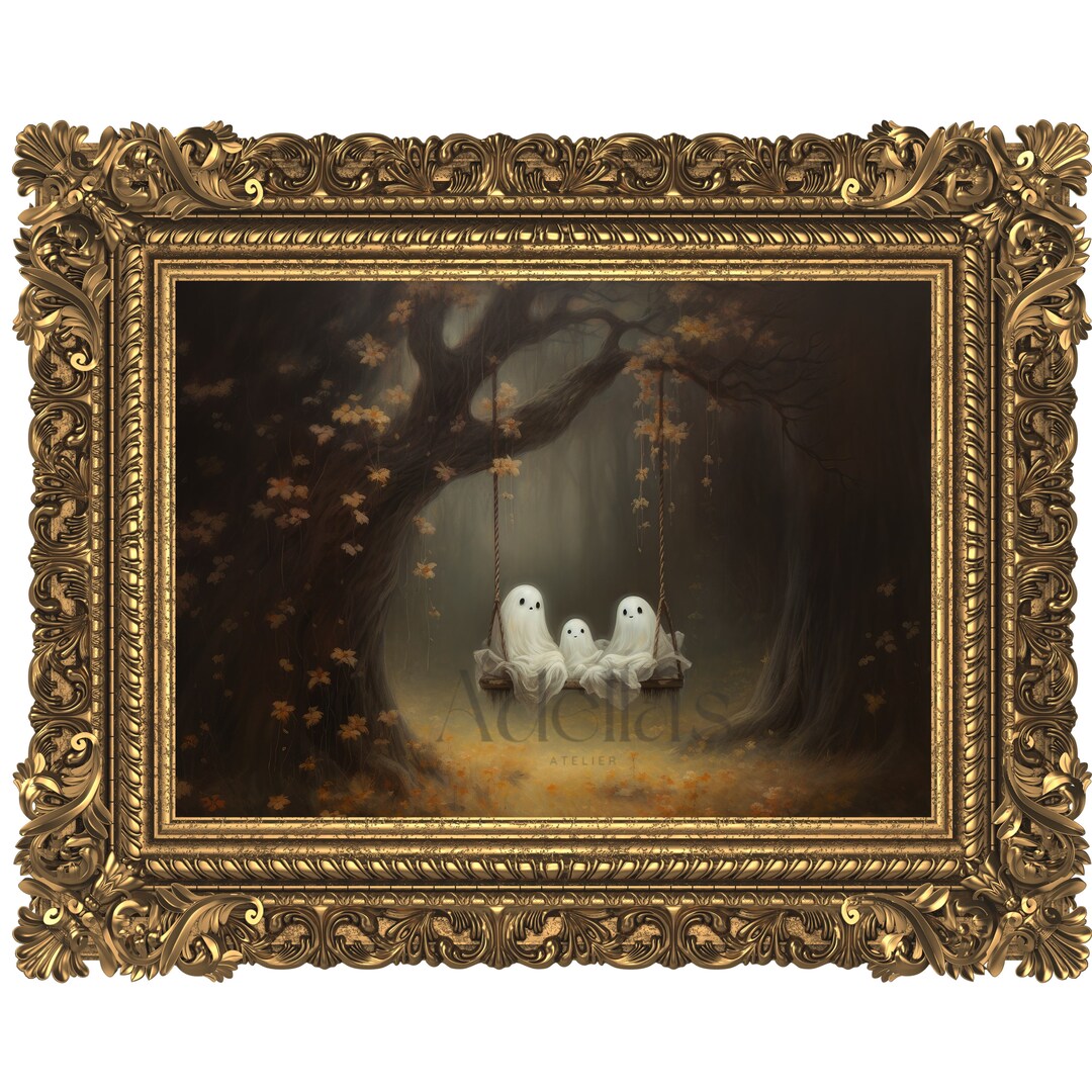 Three Cute Ghosts on A Swing, Vintage Digital Ghost Painting, Dark ...