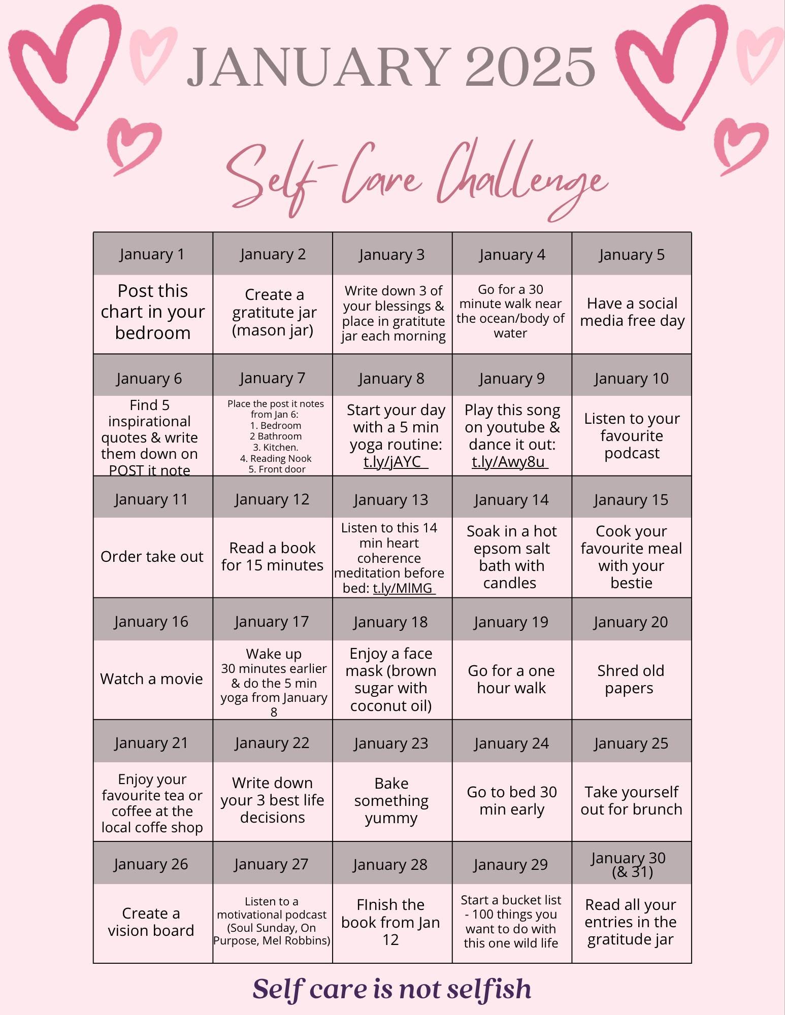 January 2025 Self-care Challenge Printable | Digital Download | Daily ...