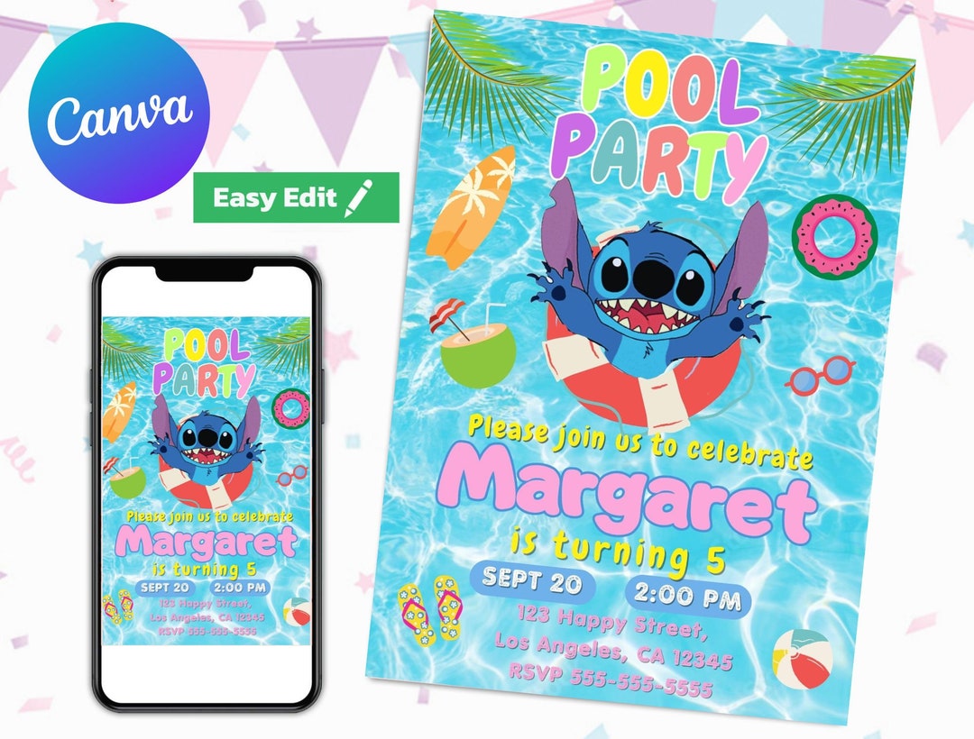 Stitch Pool Party Birthday Invitation Template Stitch - Etsy