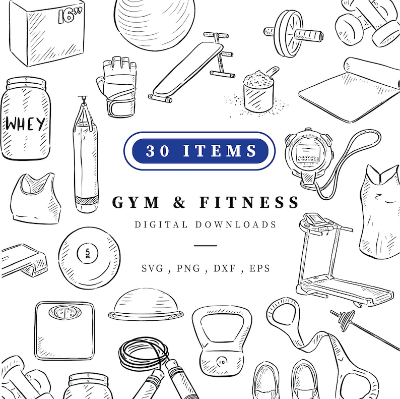 Gym and Fitness Clipart, 30 Png Svg, Dxf Eps Files, Vector, Line Drawn ...