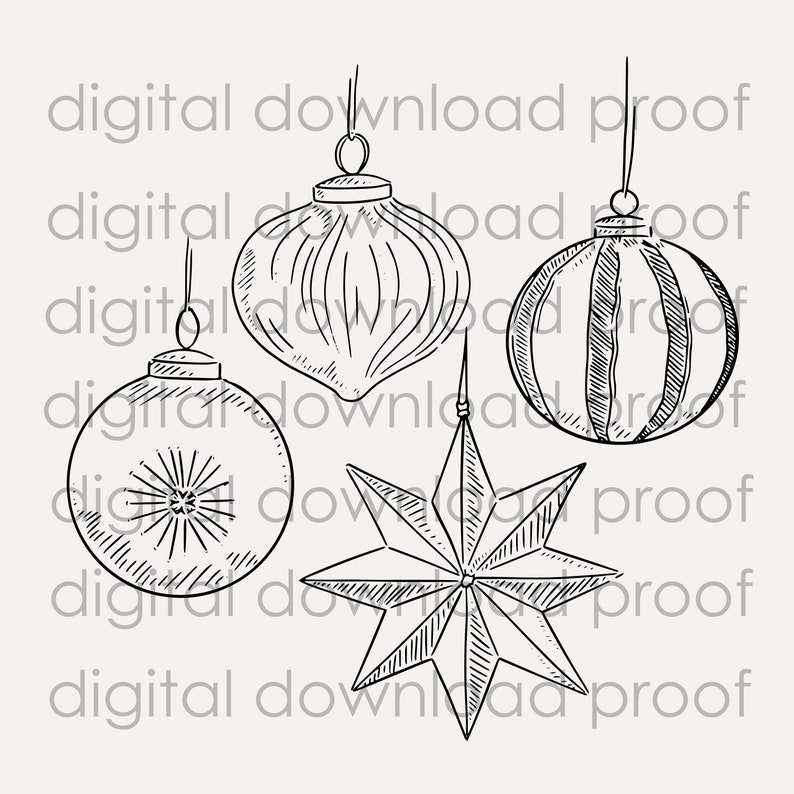 Christmas Bauble Illustrations, Instant Download Line Drawings PNG, 20 ...
