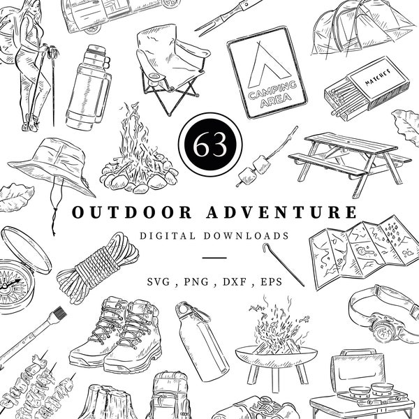 Camping Clip Art Black and White - Etsy