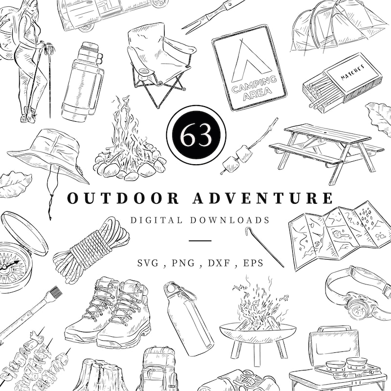 Camping Clipart Black and White - Etsy
