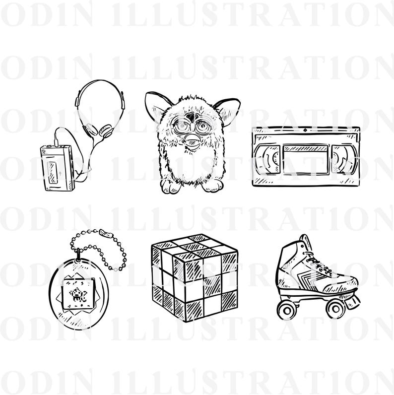 Retro Hand Drawn Clipart, 80s and 90s Inspired Illustrations, Line ...