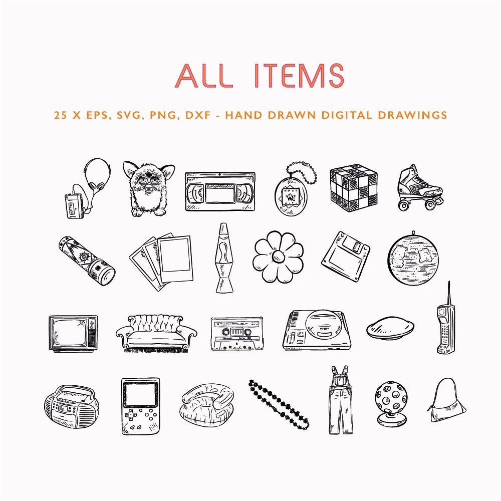 Retro Hand Drawn Clipart, 80s and 90s Inspired Illustrations, Line ...