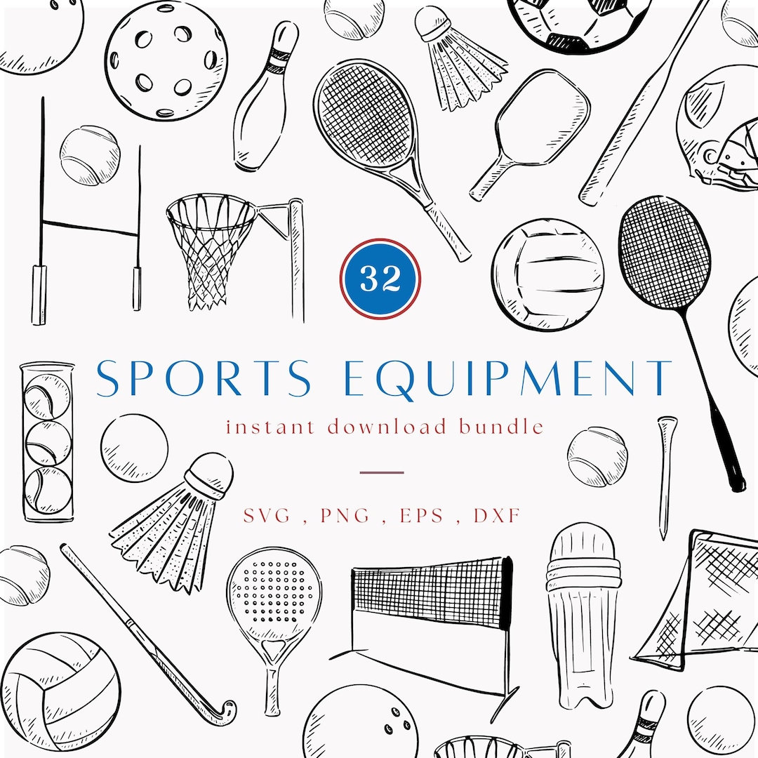 Sports Equipment Line Drawn Clip Art, Ball Games Digital Bundle, Tennis ...