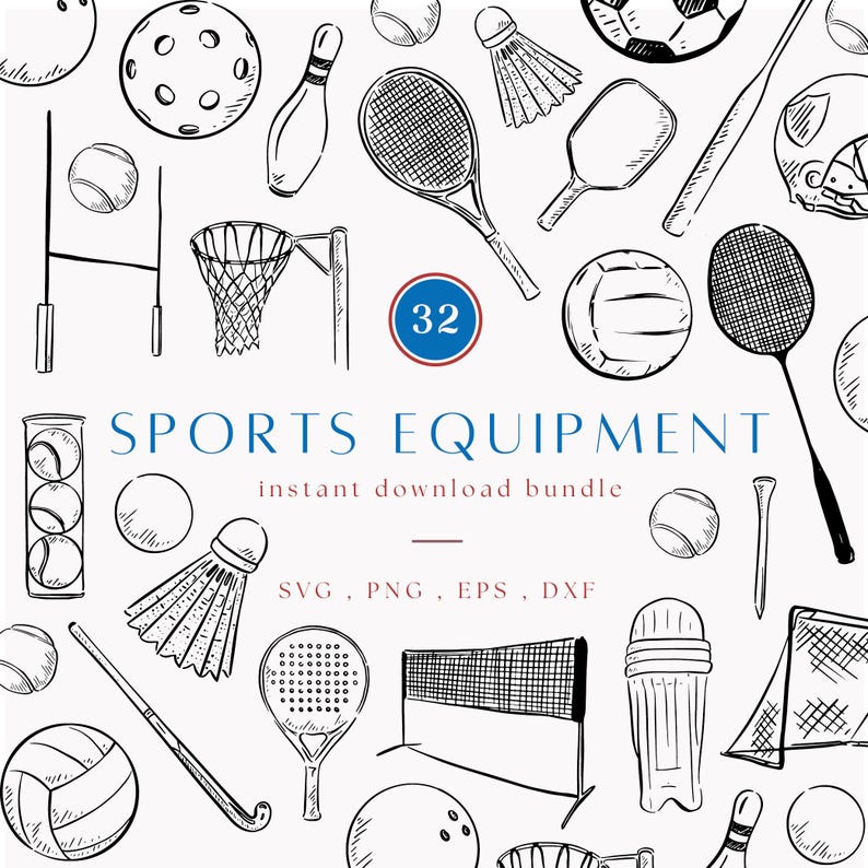 Sports Equipment Line Drawn Clip Art, Ball Games Digital Bundle, Tennis ...