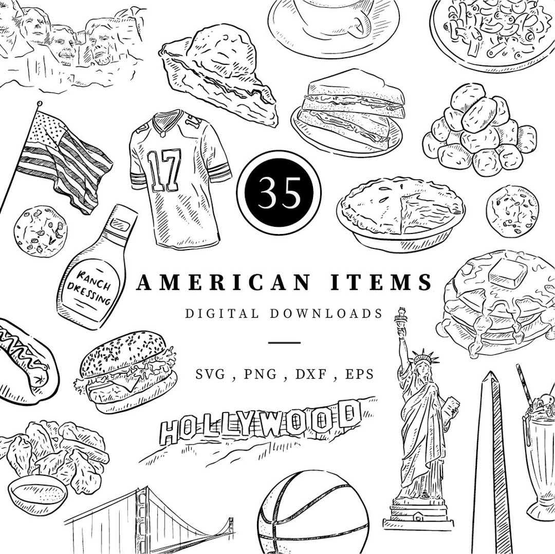 American Food Digital Download Illustrations, USA Landmarks Line Drawn ...