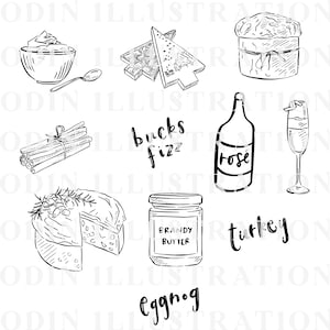 Christmas Food Line Art Clipart Bundle, Christmas Clipart SVG - Hand ...