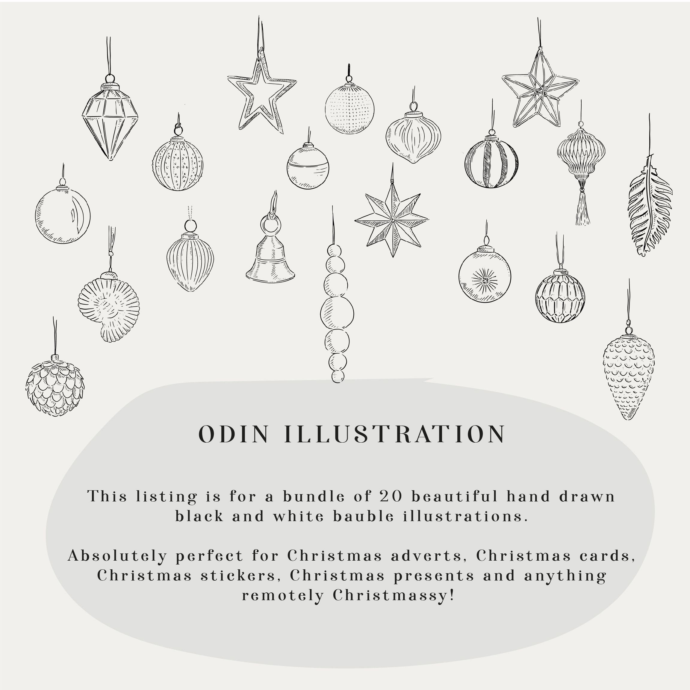 Christmas Bauble Illustrations, Instant Download Line Drawings PNG, 20 ...