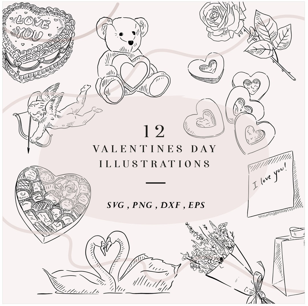 Valentines Day Illustrations, Digital Download, Line Drawn Clipart, DIY ...