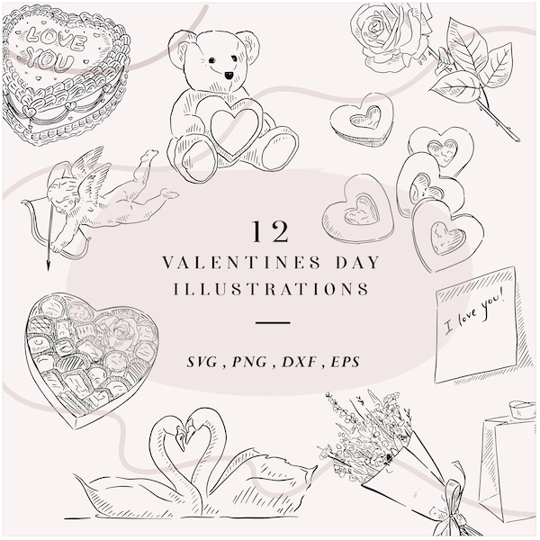 Black and White Valentines Clipart - Etsy