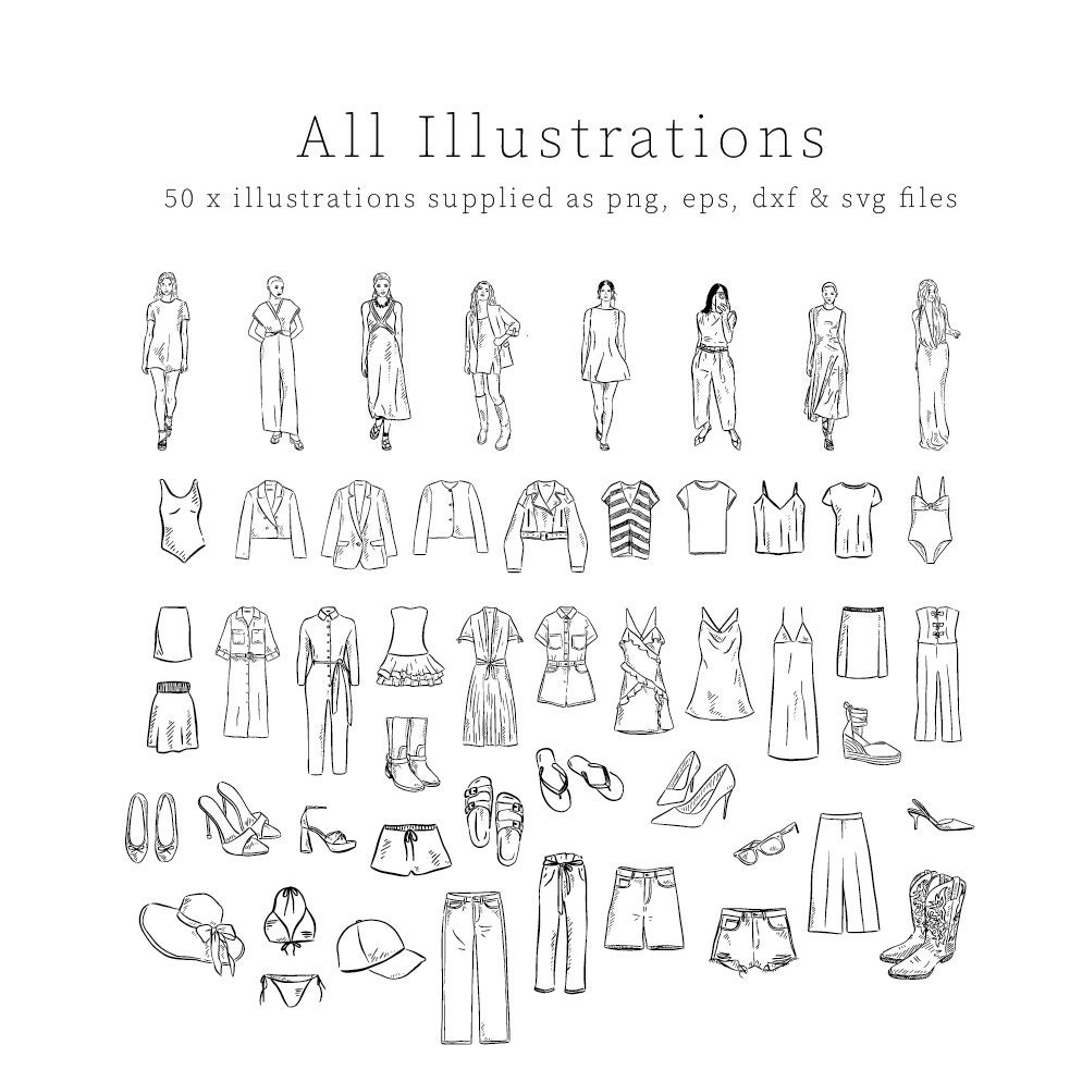 Ladies Clothing Line Drawn Clipart, Fashion Digital Downloads, 50 Png ...