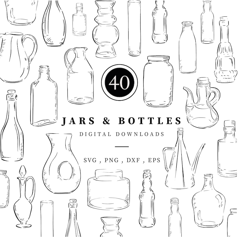 Jars, Bottles and Vessels Elements, 40 Png Svg Clipart Designs, Instant ...