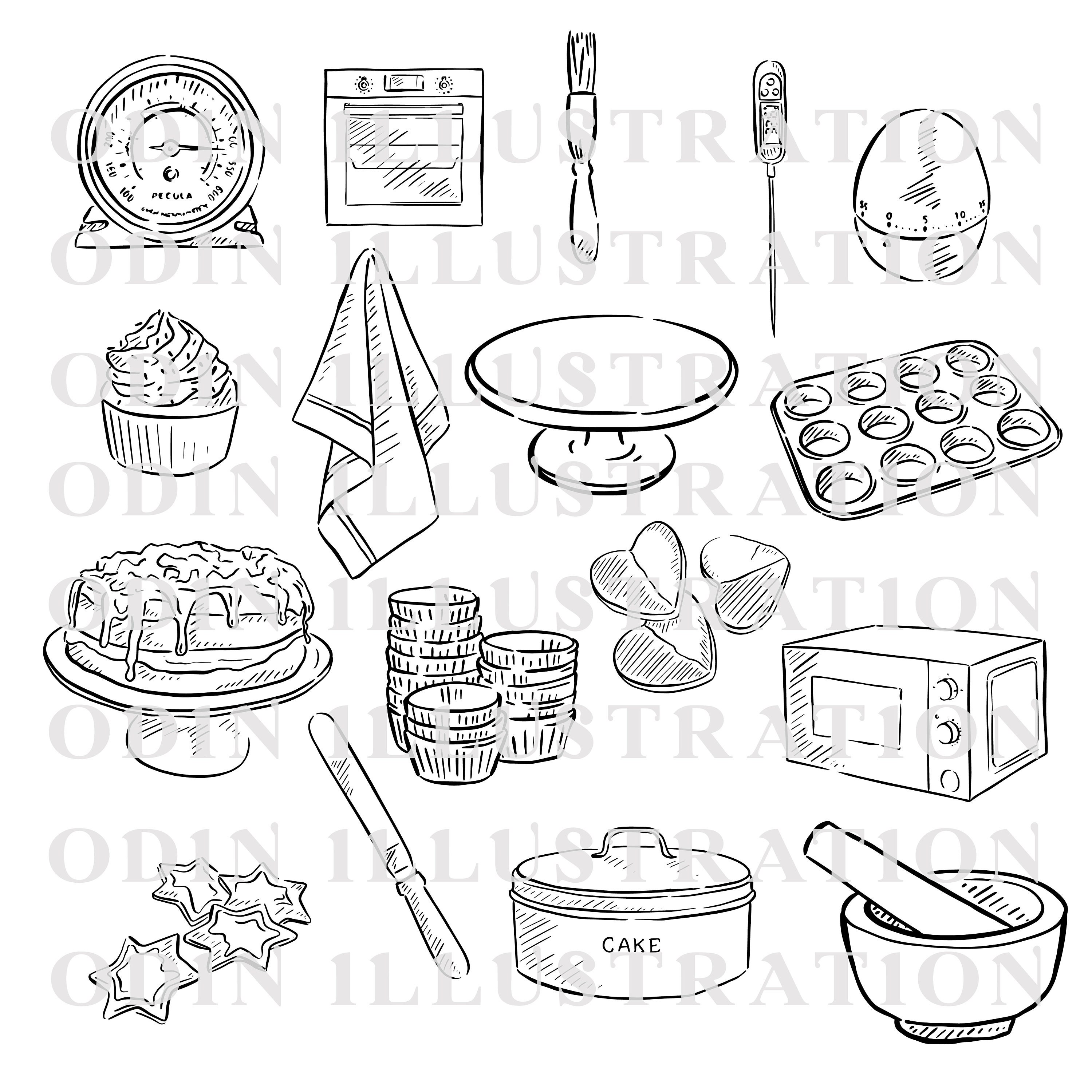 Baking Lineart Elements, 70 Png Svg Clipart Designs, Instant Digital ...