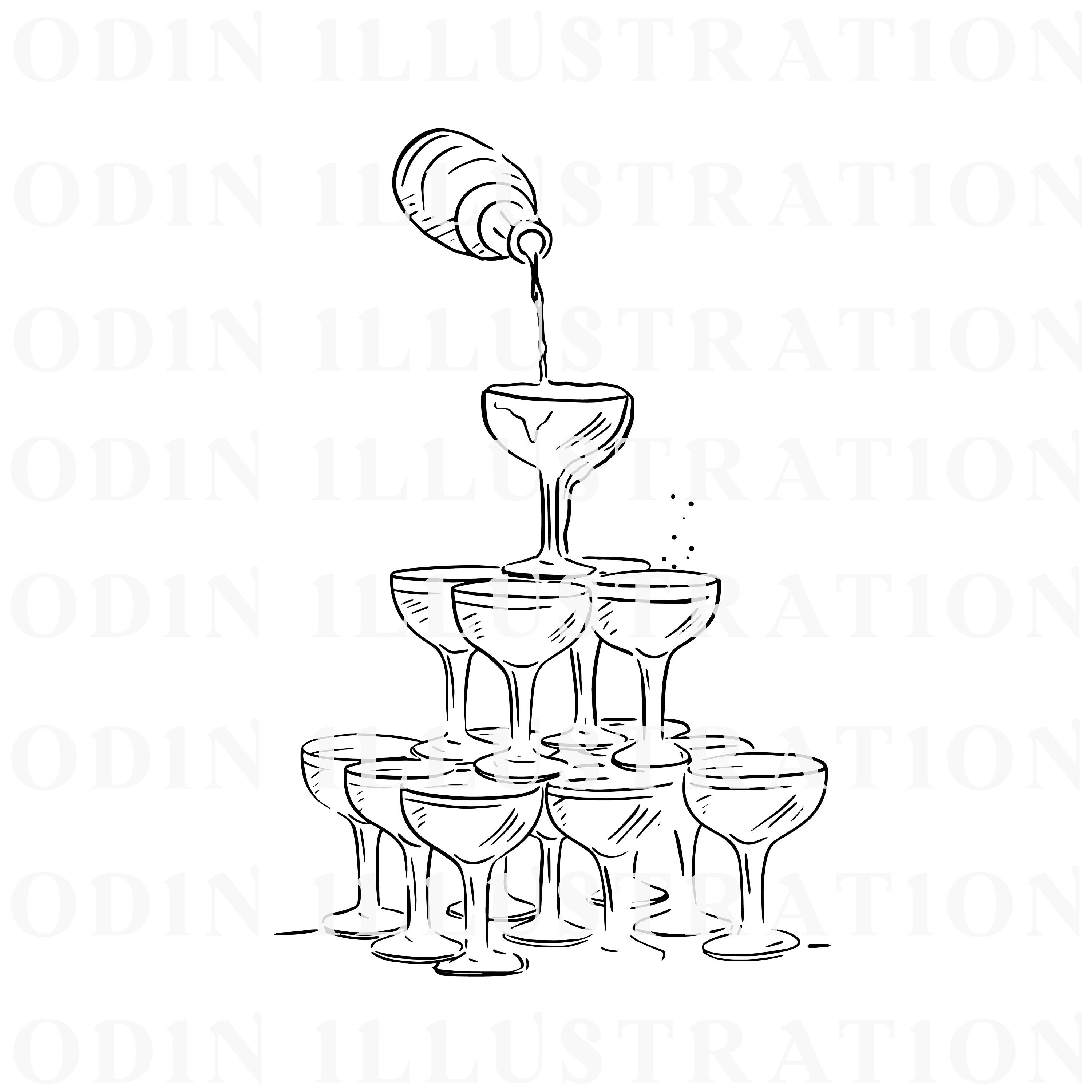 Hand Drawn Champagne Tower Illustration, Wedding Menu and Invitation ...