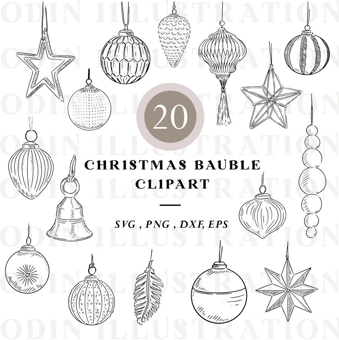 Christmas Bauble Illustrations, Instant Download Line Drawings PNG, 20 ...