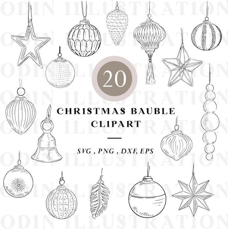 Christmas Bauble Illustrations, Instant Download Line Drawings PNG, 20 ...