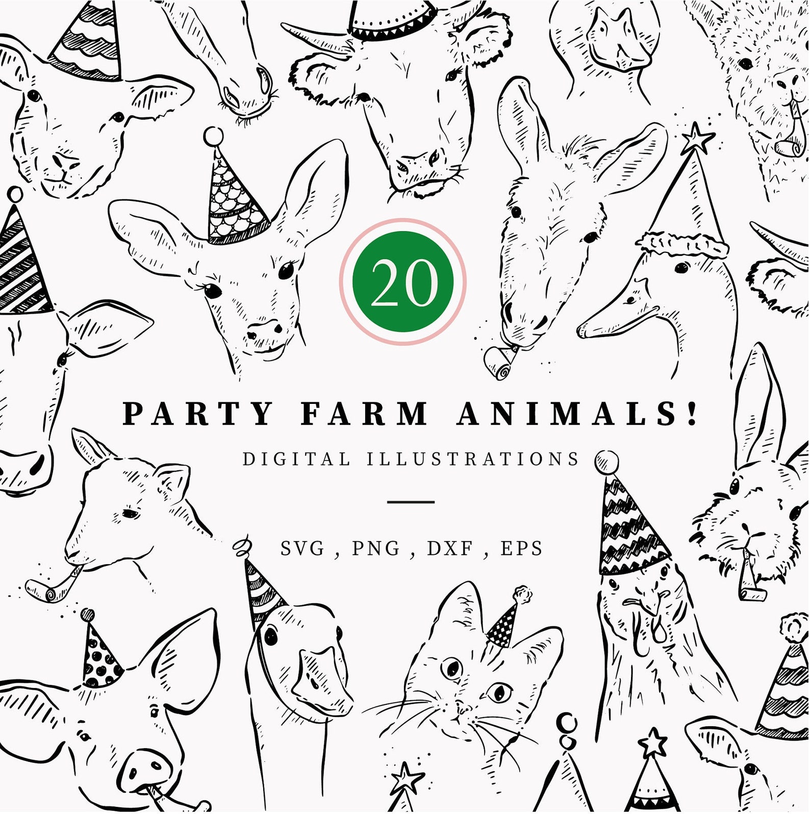Party Farm Animals Digital Clip Art, Illustration Downloads, 20 Png ...