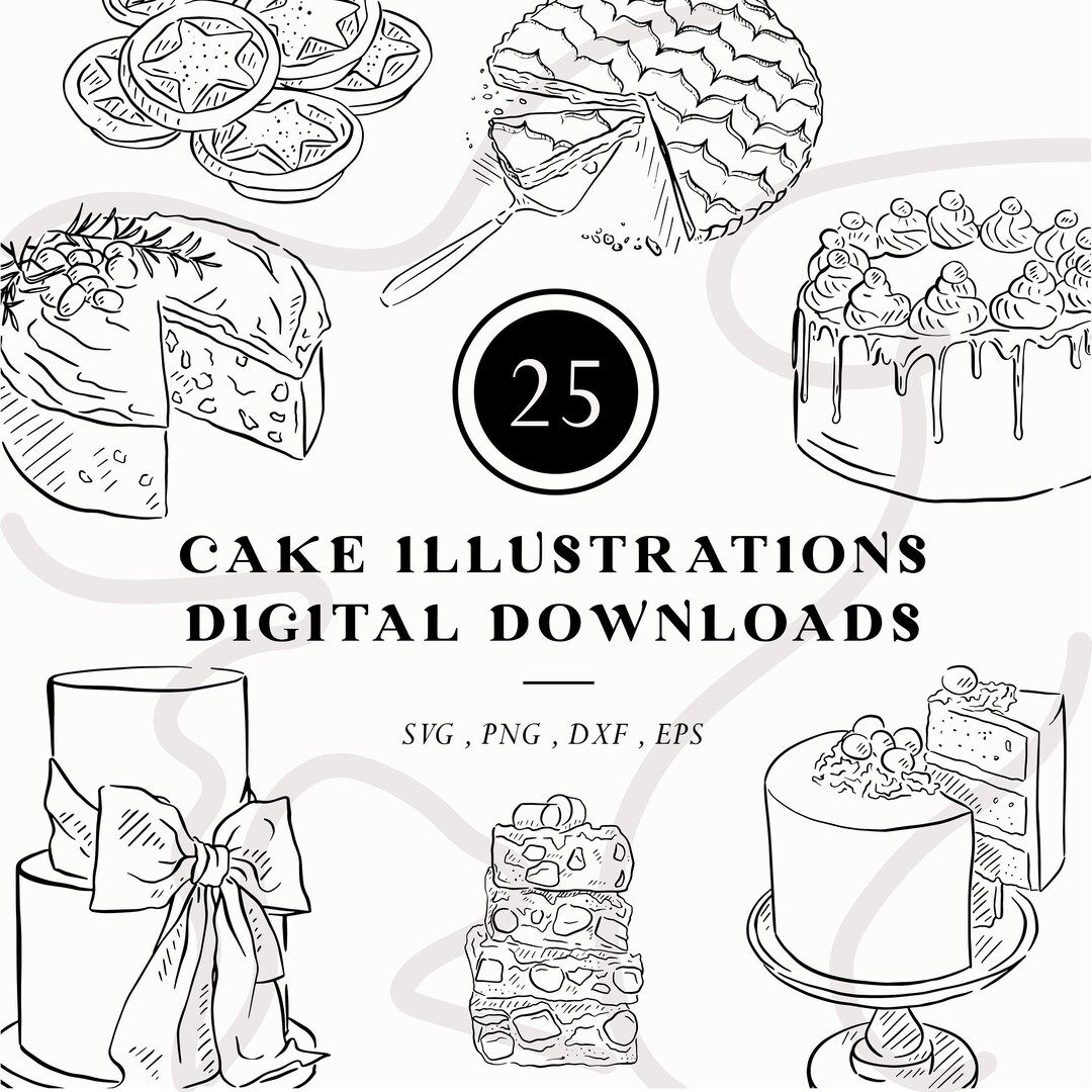 Line Drawn Cake Illustrations, Printable Instant Download Cakes and ...
