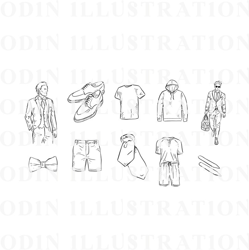 Menswear Line Drawn Clipart, Black and White Images, Mens Clothing SVG ...