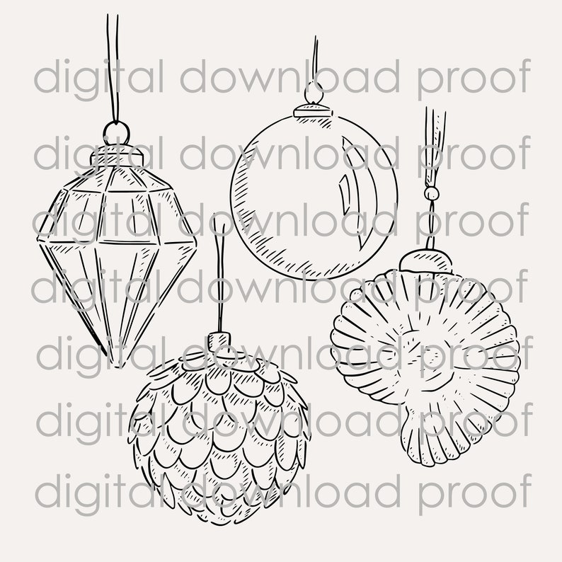 Christmas Bauble Illustrations, Instant Download Line Drawings PNG, 20 ...