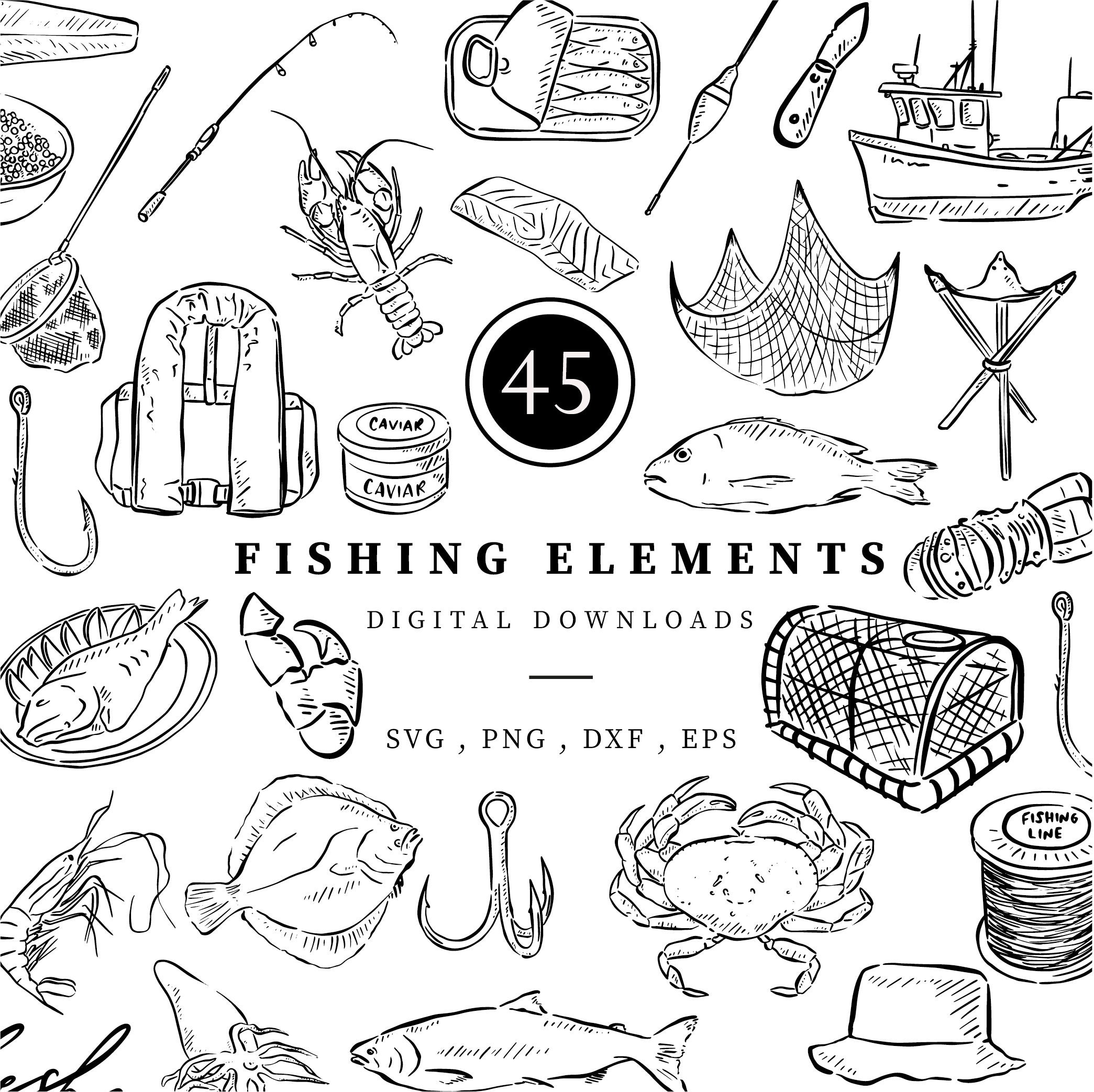 Fishing Line Drawn Clipart, 45 Png, Svg, Dxf & Eps Vector, Fishing ...