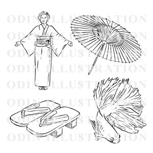 Japanese Hand Drawn Illustrations, Japan Line Drawn Digital Clipart ...