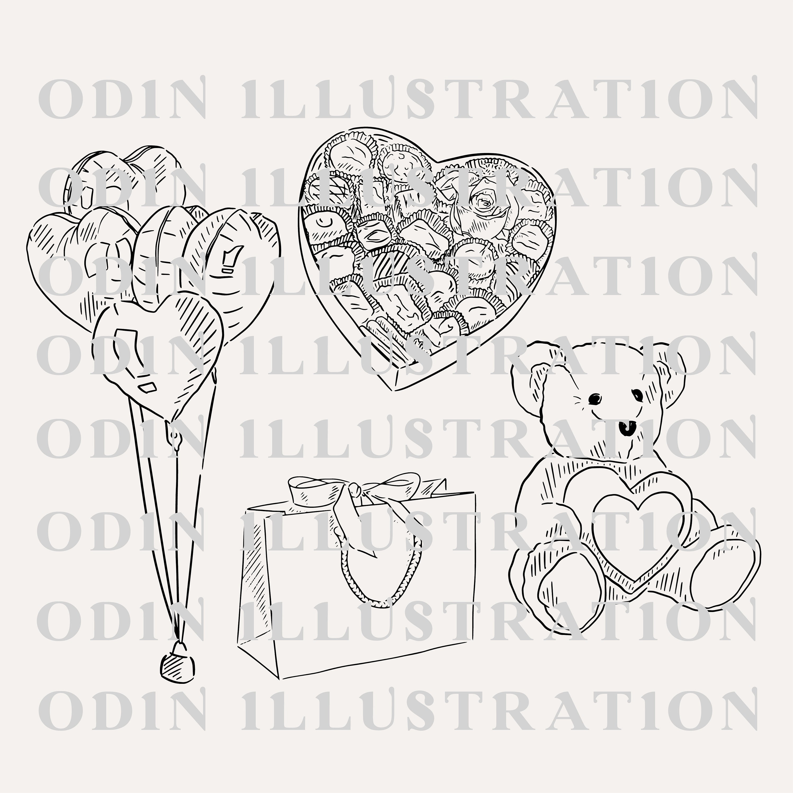 Valentines Day Illustrations, Digital Download, Line Drawn Clipart, DIY ...