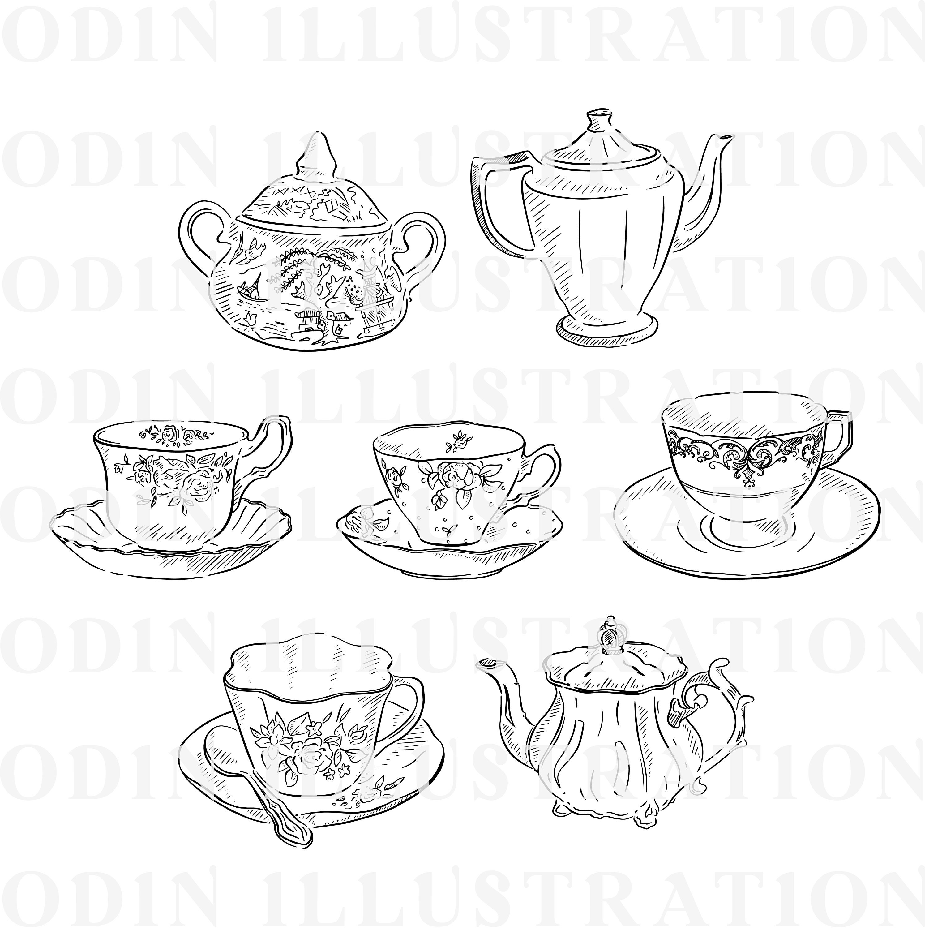Vintage Tea Set Line Drawn Clipart, 26 Png, Svg, Dxf & Eps Files at 300 ...