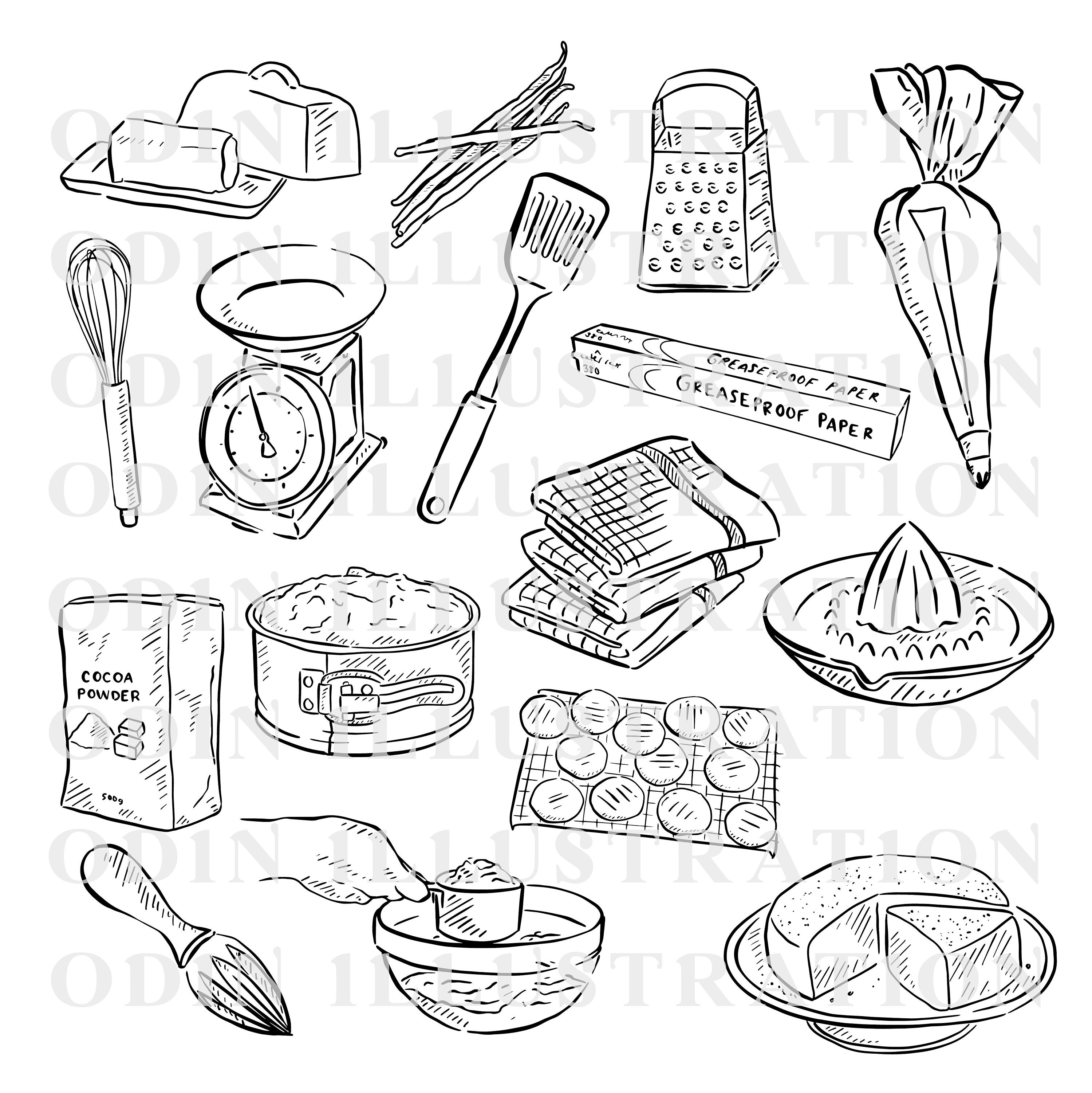 Baking Lineart Elements, 70 Png Svg Clipart Designs, Instant Digital ...