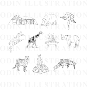 Safari Digital Illustrations, Line Drawn Clipart, 40 Png Files, Eps ...
