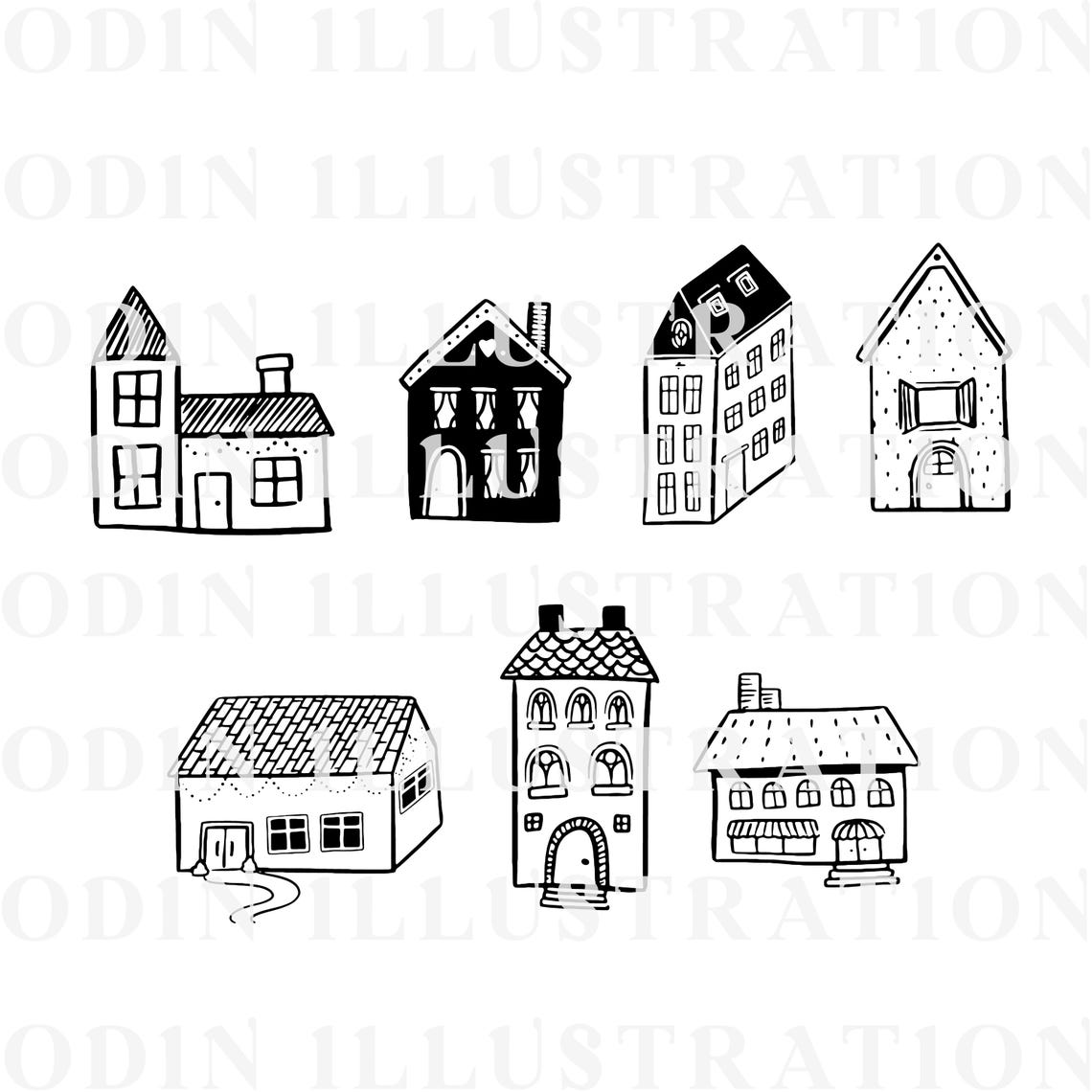 House Cartoon Illustration Bundle, Digital Download Buildings, Line ...