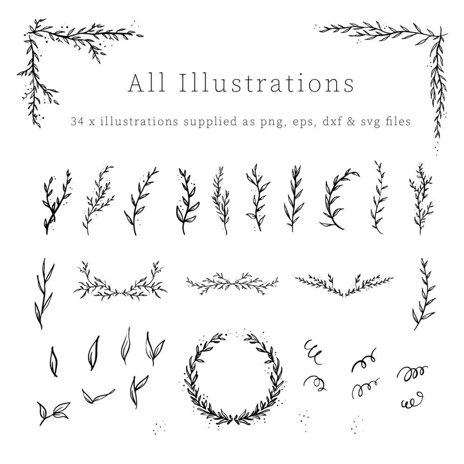 Decorative Leaves Line Drawn Clipart, Black and White Floral Digital ...