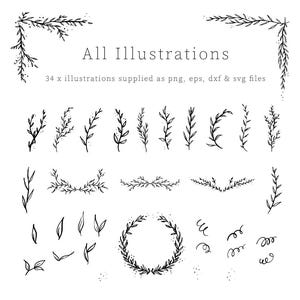 Decorative Leaves Line Drawn Clipart, Black and White Floral Digital ...