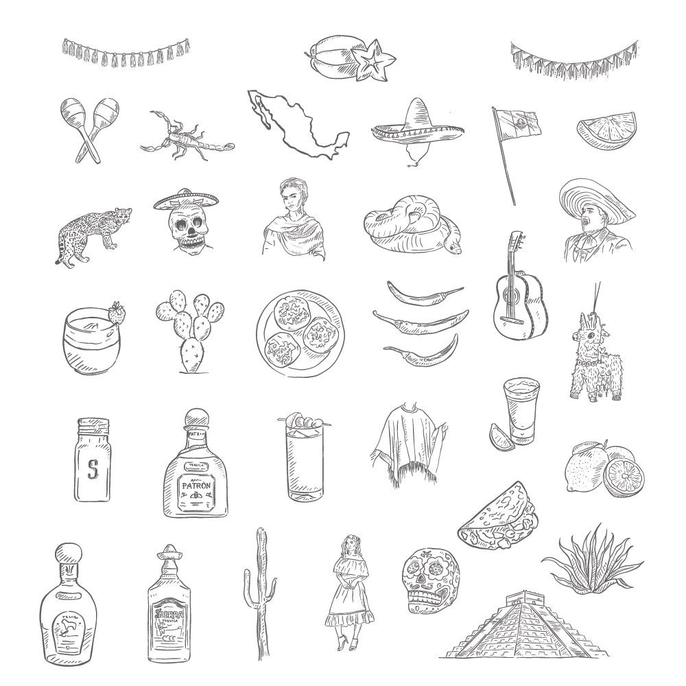 Mexican Themed Line Drawn Clipart, Png, Svg, Dxf & Eps 300dpi, Mexico ...