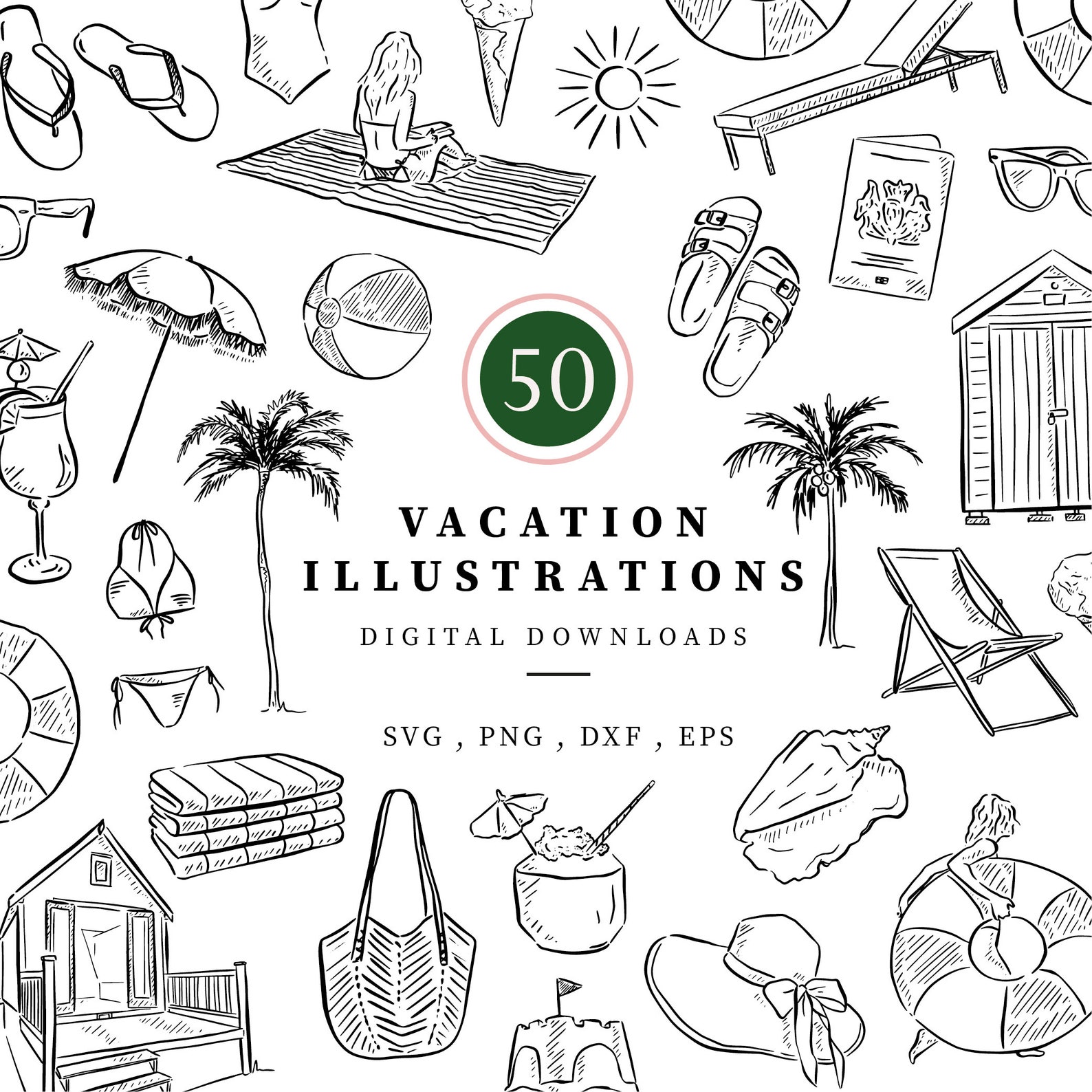 Vacation Illustration Bundle, Hand Drawn Summer Clip Art, Instant ...