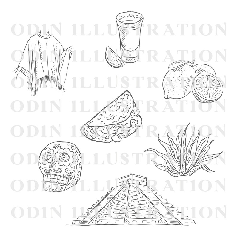 Mexican Themed Line Drawn Clipart, Png, Svg, Dxf & Eps 300dpi, Mexico ...