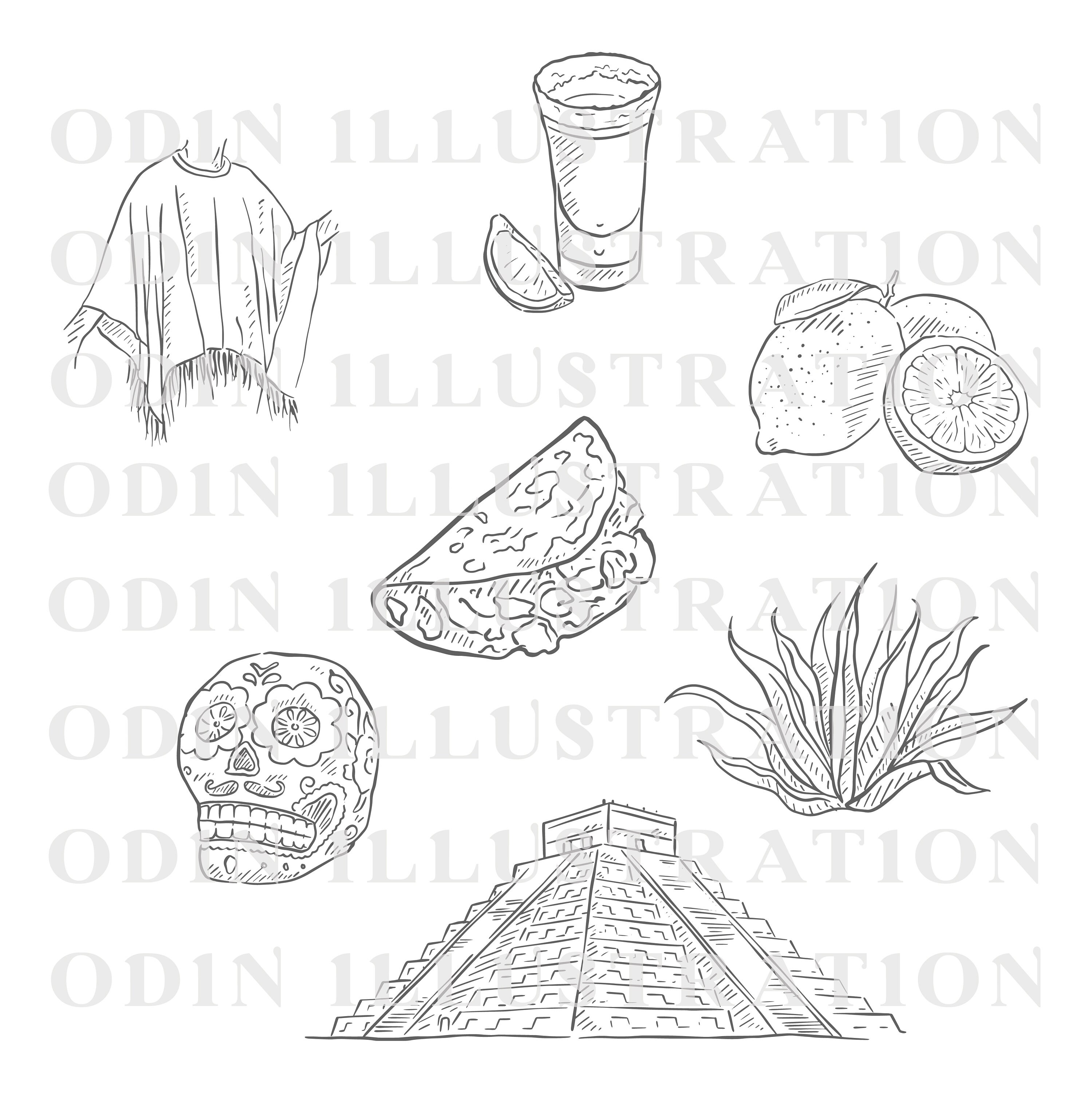 Mexican Themed Line Drawn Clipart, Png, Svg, Dxf & Eps 300dpi, Mexico ...