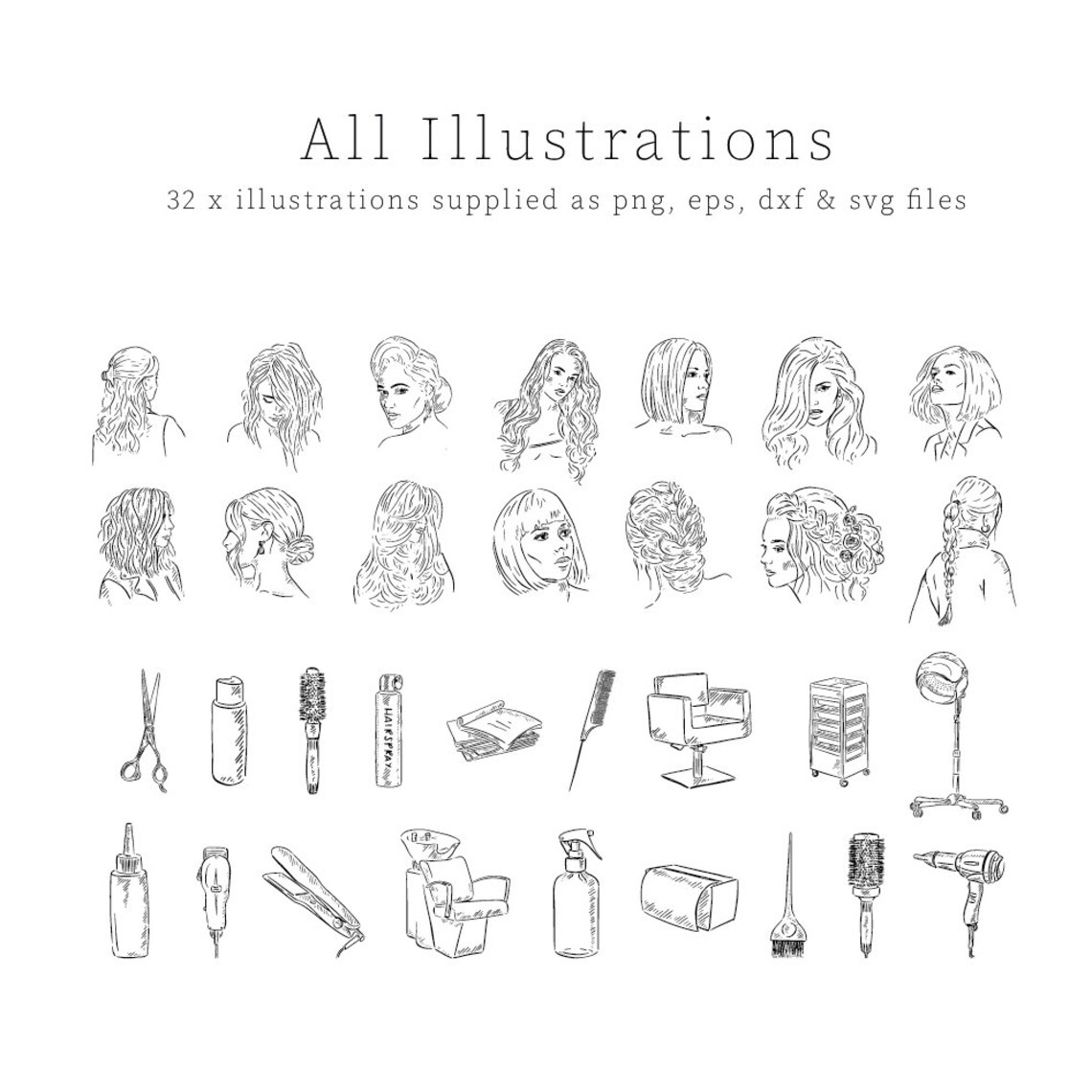 Hair Salon Illustration Bundle, Hairdresser Digital Download, Line ...