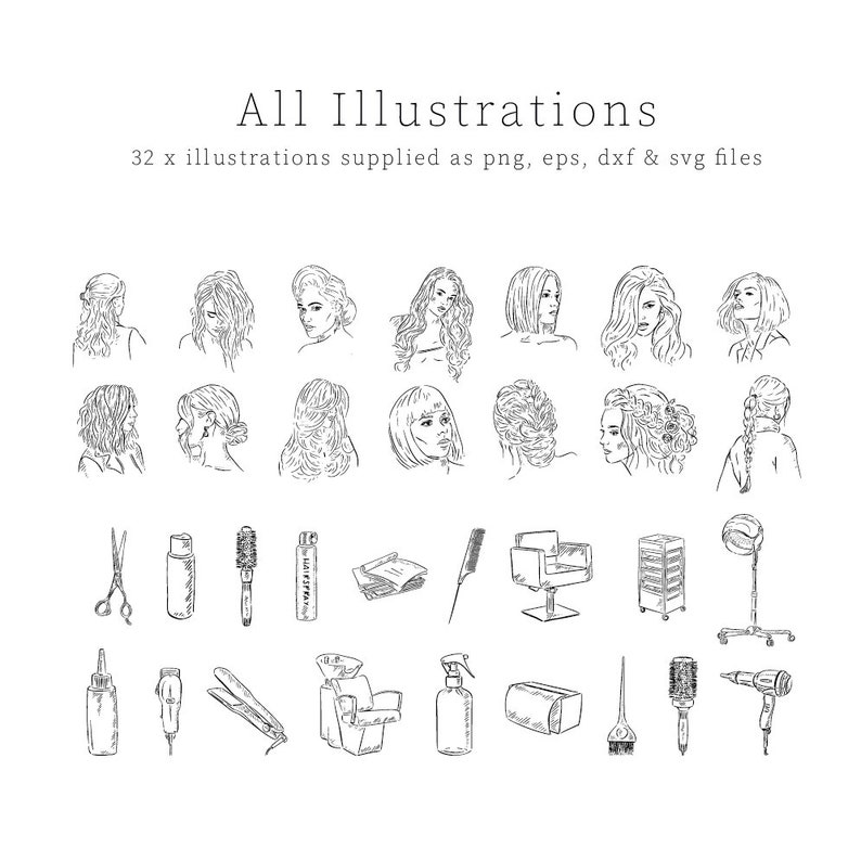 Hair Salon Illustration Bundle, Hairdresser Digital Download, Line ...