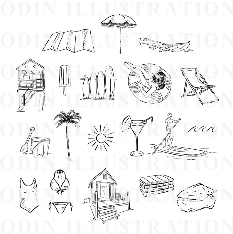 Vacation Illustration Bundle, Hand Drawn Summer Clip Art, Instant ...