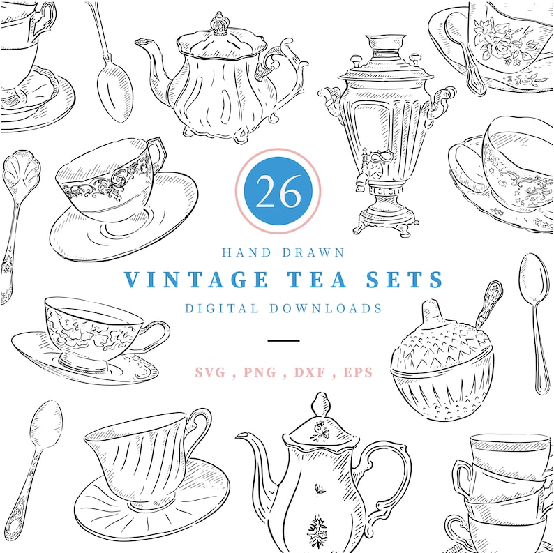 Vintage Tea Set Line Drawn Clipart, 26 Png, Svg, Dxf & Eps Files at 300 ...