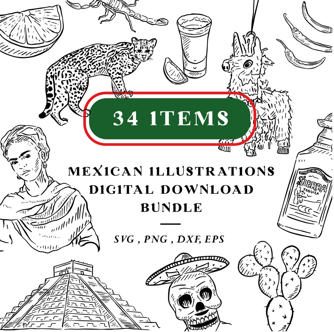 Mexican Themed Line Drawn Clipart, Png, Svg, Dxf & Eps 300dpi, Mexico ...