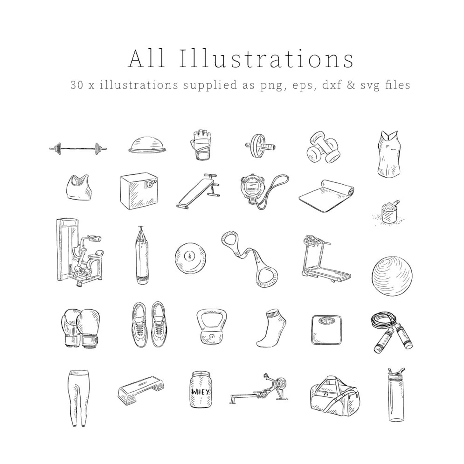 Gym and Fitness Clipart, 30 Png Svg, Dxf Eps Files, Vector, Line Drawn ...
