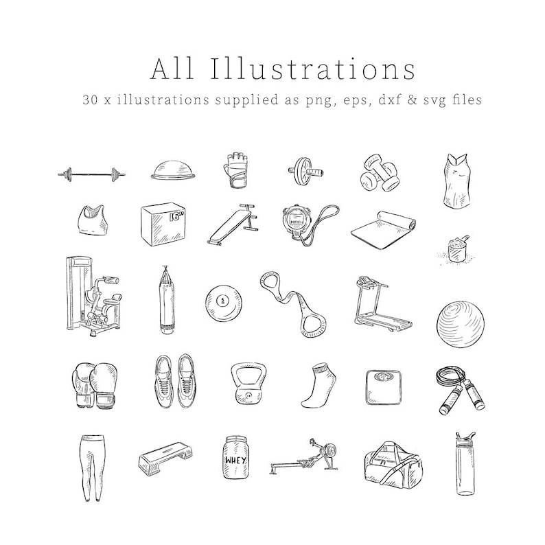 Gym and Fitness Clipart, 30 Png Svg, Dxf Eps Files, Vector, Line Drawn ...