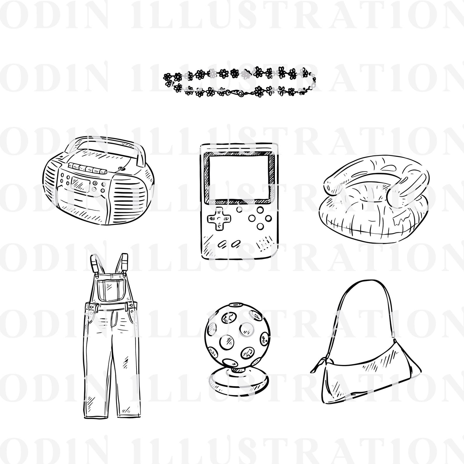 Retro Hand Drawn Clipart, 80s and 90s Inspired Illustrations, Line ...