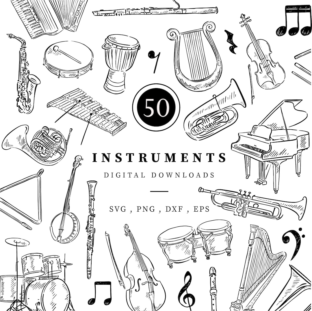 Musical Instrument Digital Download Bundle, Black Line Drawn Music ...